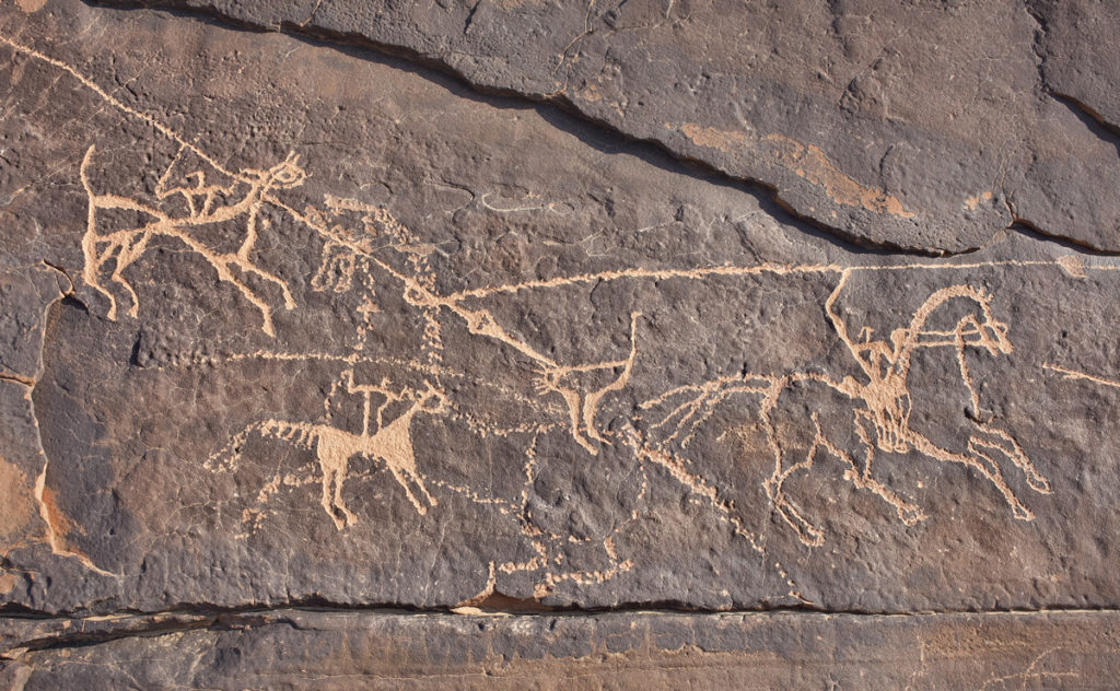 Wadi Uqla horsemen and ostrich, Tayma - Arabian Rock Art Heritage
